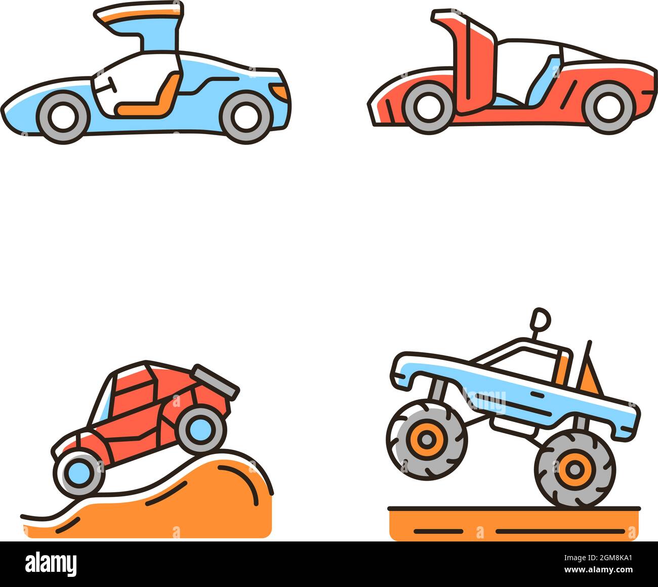 Driving specially-modified vehicles RGB color icons set Stock Vector ...