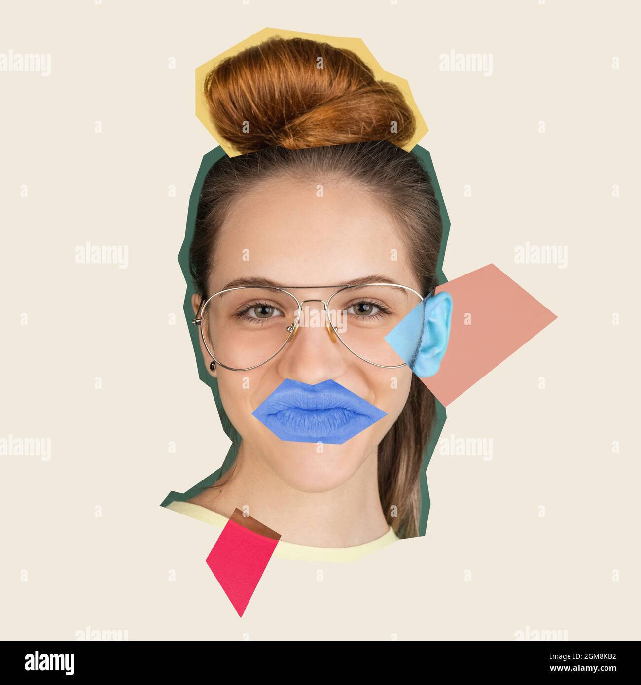Young woman's portrait made of different pieces of faces and body ...