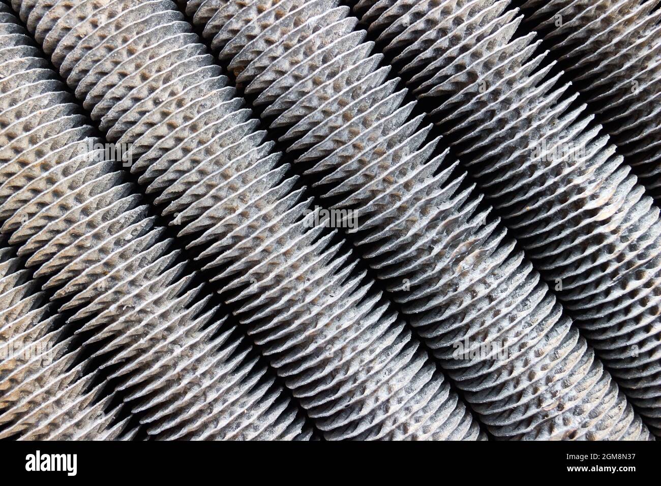 Condensing unit aluminium closeup finned obsolete tubes grill diagonal ...