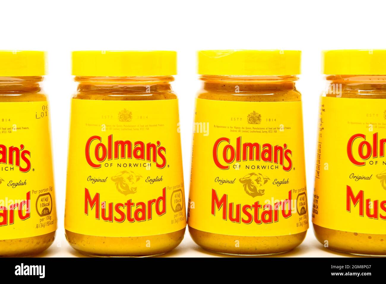 Jars of Colmans Original English Mustard a Unilever product isolated on ...