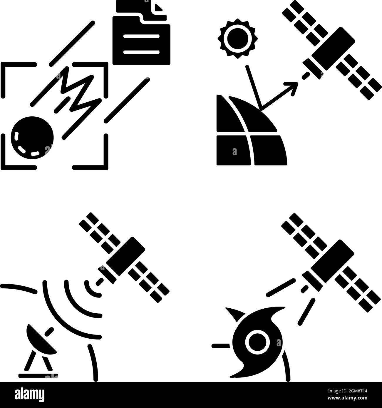 Climate monitoring satellites black glyph icons set on white space ...