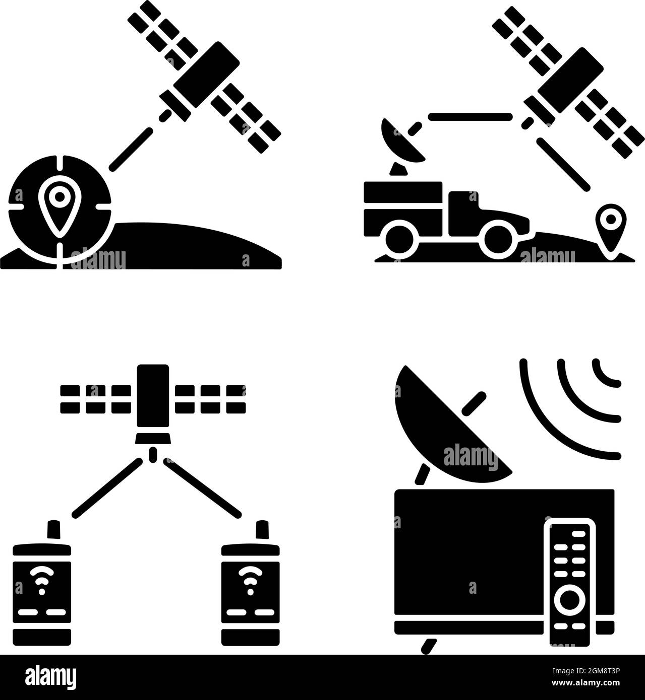 Communications satellites black glyph icons set on white space Stock ...