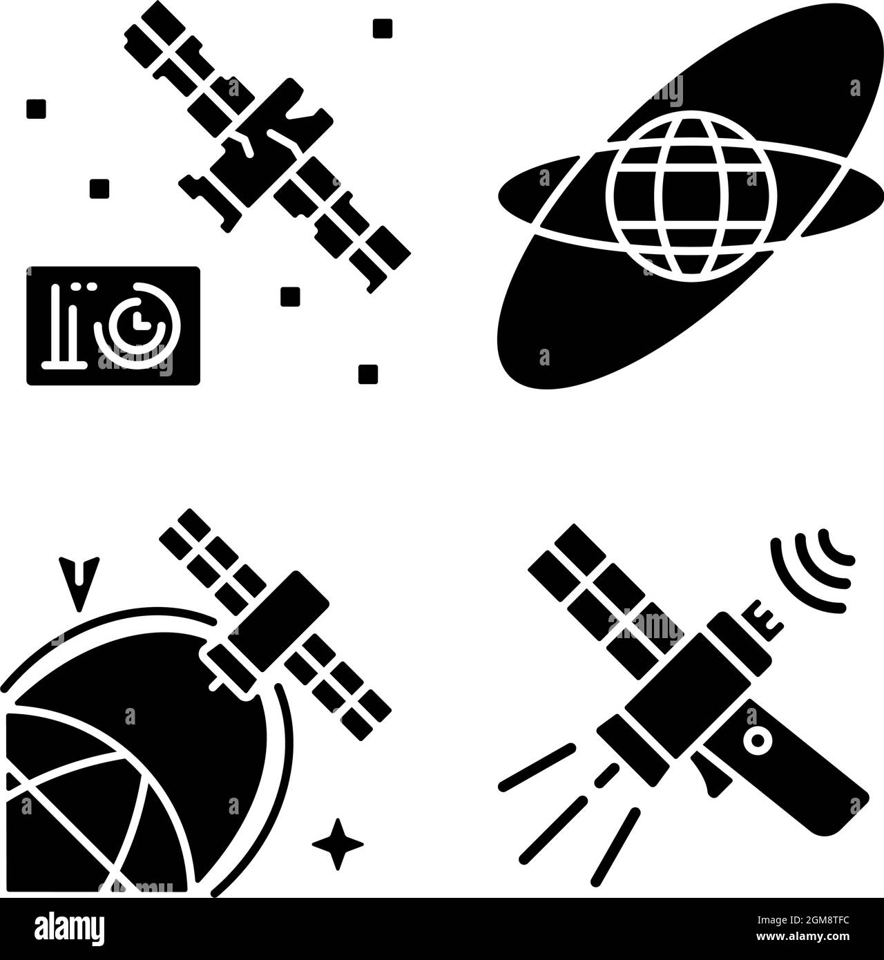 Satellites in space black glyph icons set on white space Stock Vector ...