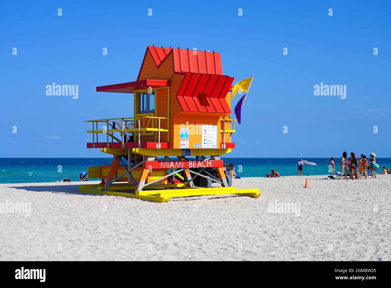 MIAMI BEACH, FL -26 APR 2021- Colorful Art Deco lifeguard station cabin ...