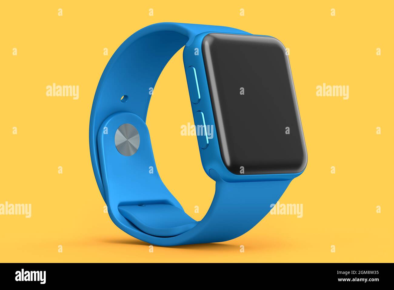 Stainless smart watch with blue leather strap isolated on orange ...