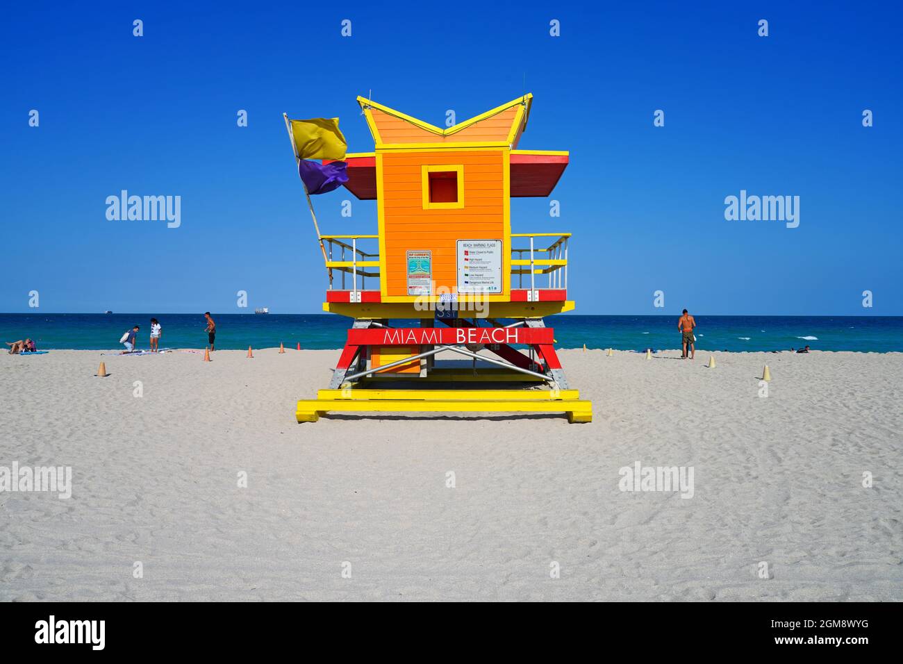 MIAMI BEACH, FL -26 APR 2021- Colorful Art Deco lifeguard station cabin ...