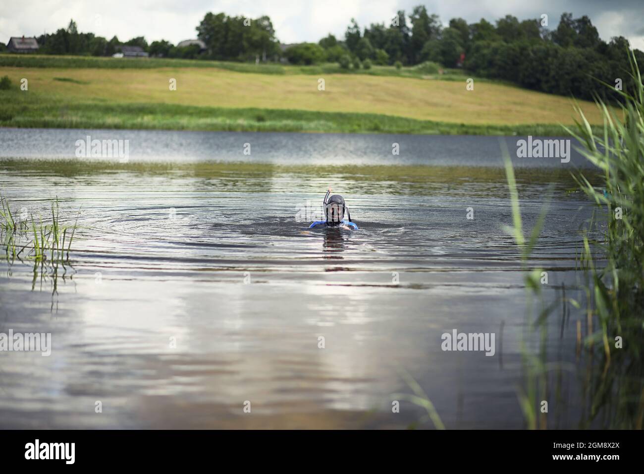 A scuba diver in a wet suit prepares to immerse in a pond Stock Photo ...