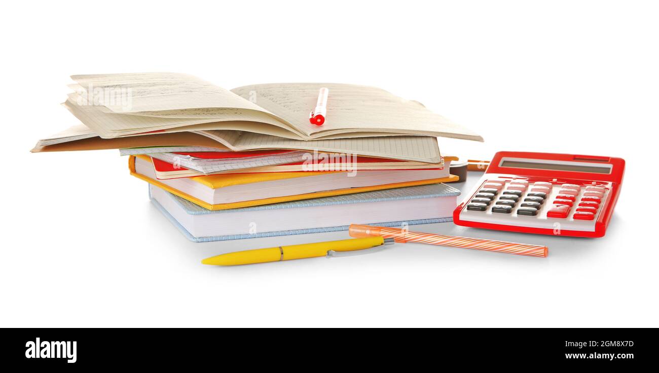 Stack of books and stationery on white background. Doing homework Stock ...