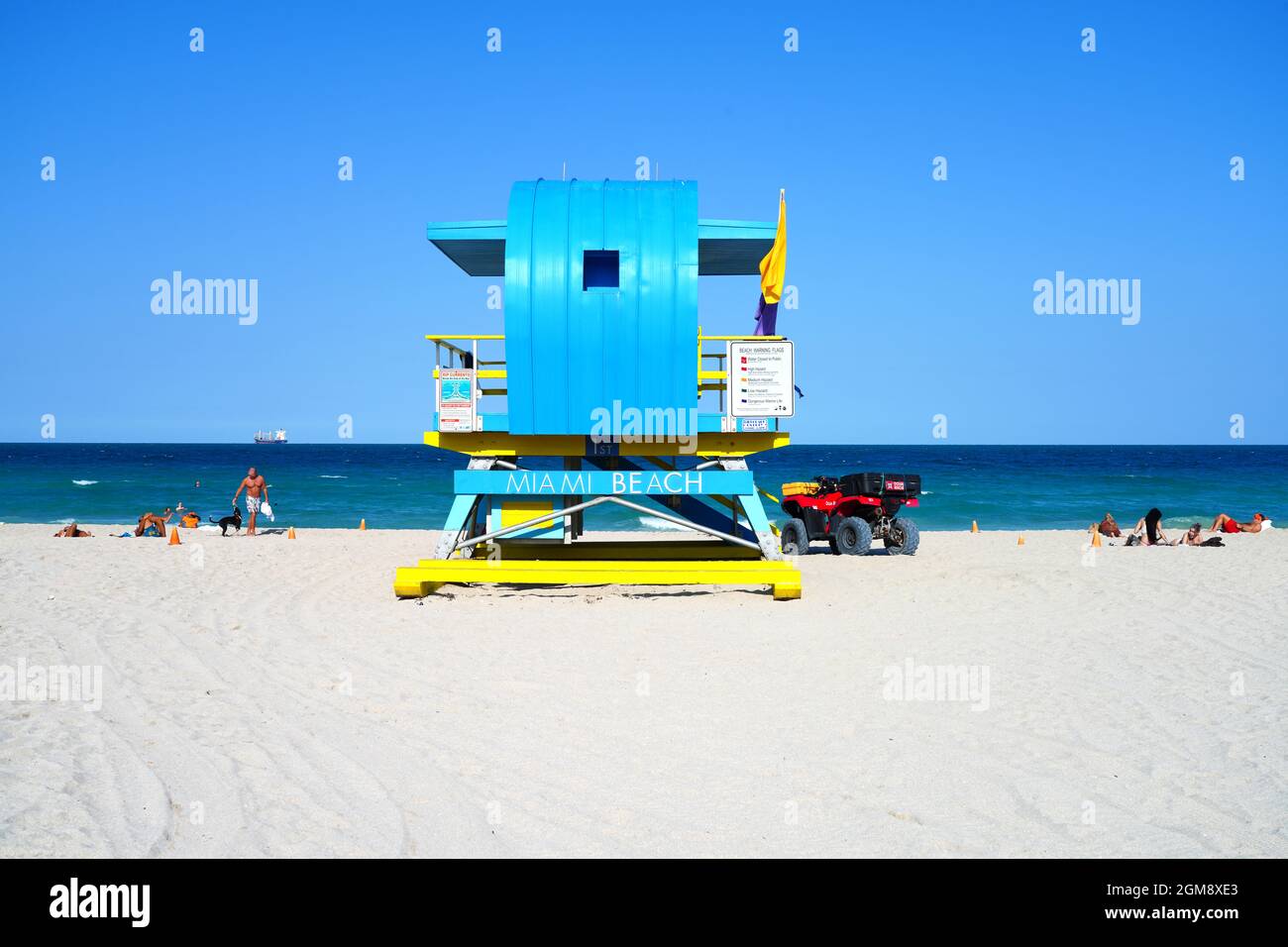 MIAMI BEACH, FL -26 APR 2021- Colorful Art Deco lifeguard station cabin ...