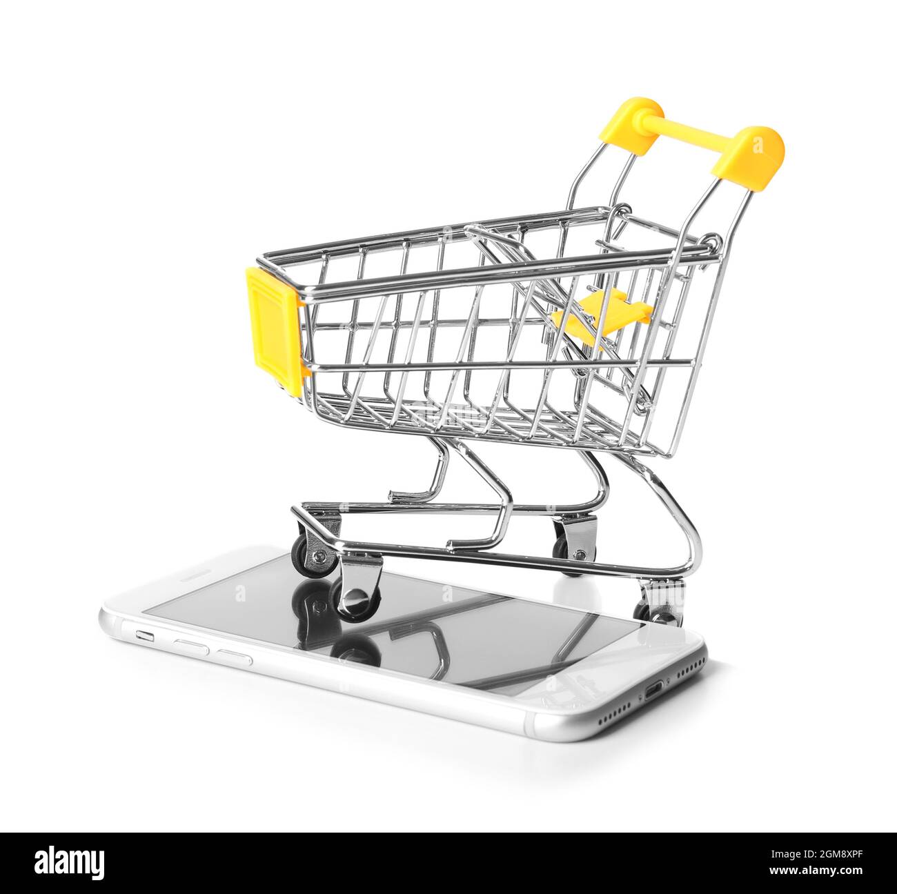 Mobile phone and small shopping cart on white background. Internet ...