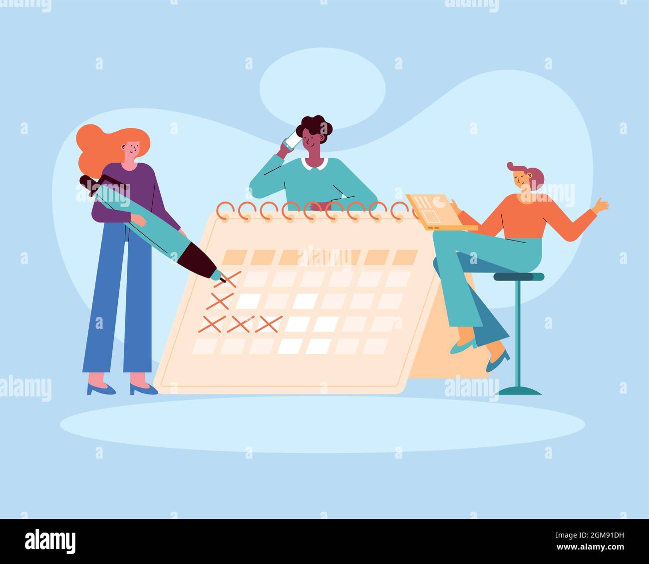 People with calendar planning on blue background Stock Vector Image ...