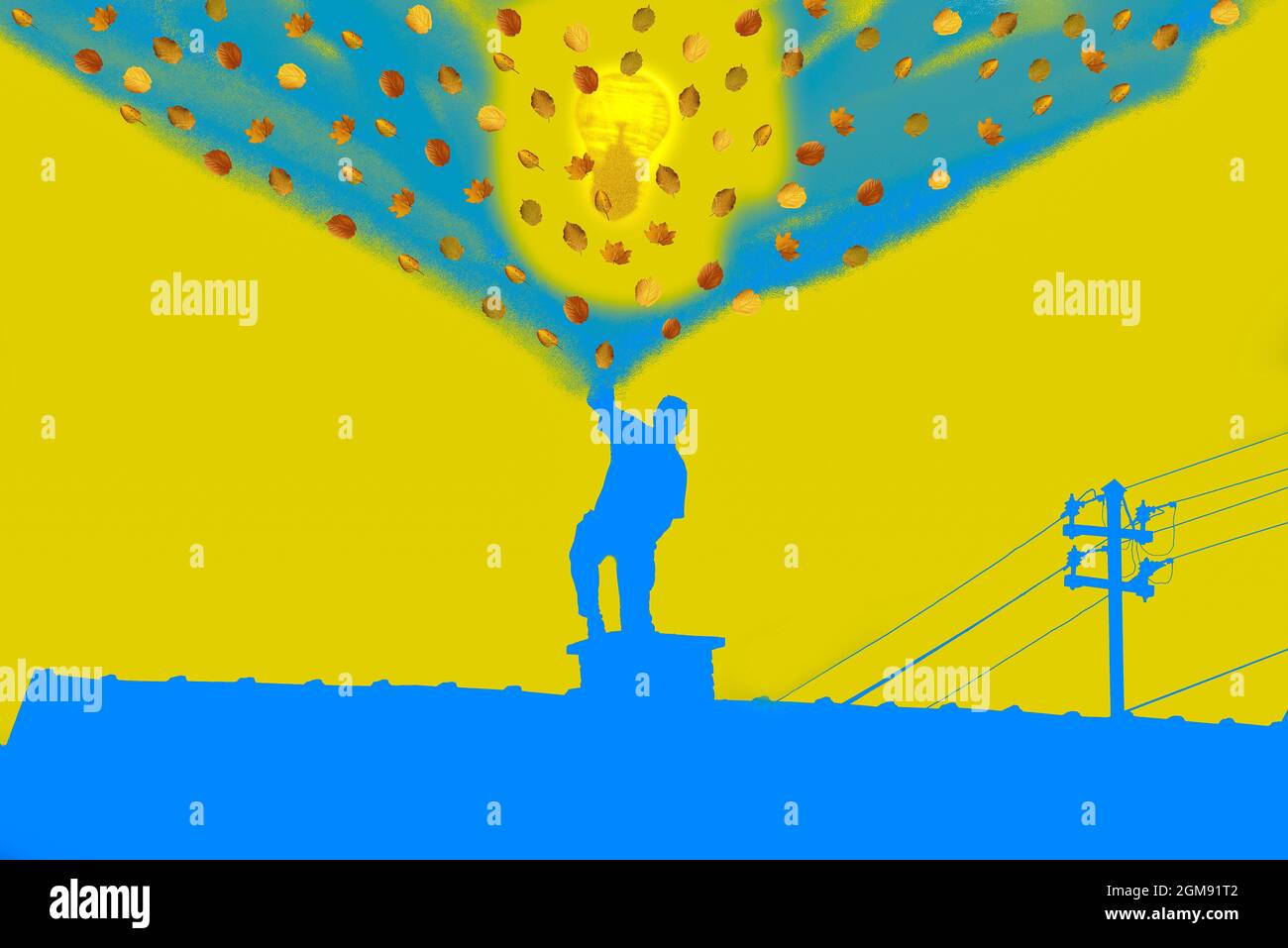 The concept of renewable energy. Human contour on the roof. The leaves ...