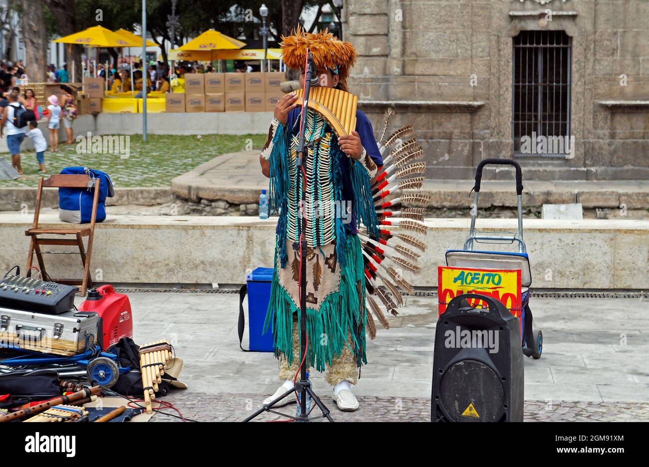 RIO DE JANEIRO, BRAZIL - AUGUST 20, 2016: Peruvian folk street musician ...