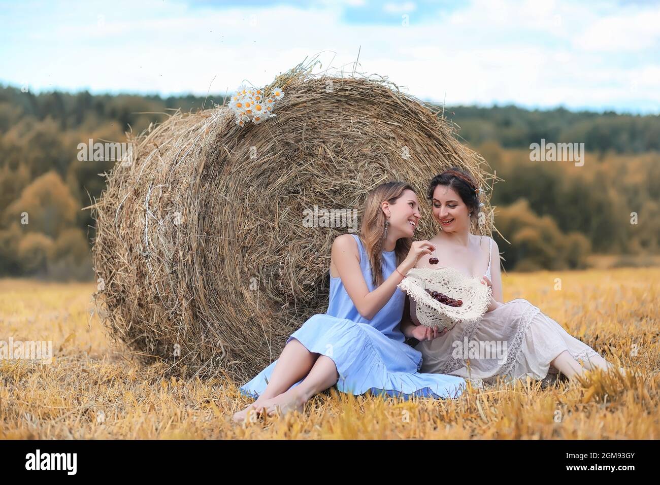 Two beautiful girls in dresses in autumn field with berries Stock Photo ...