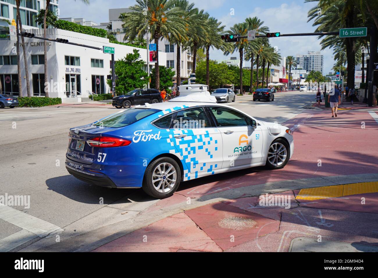 MIAMI BEACH, FL -23 APR 2021- View of an Argo self-driving test vehicle ...