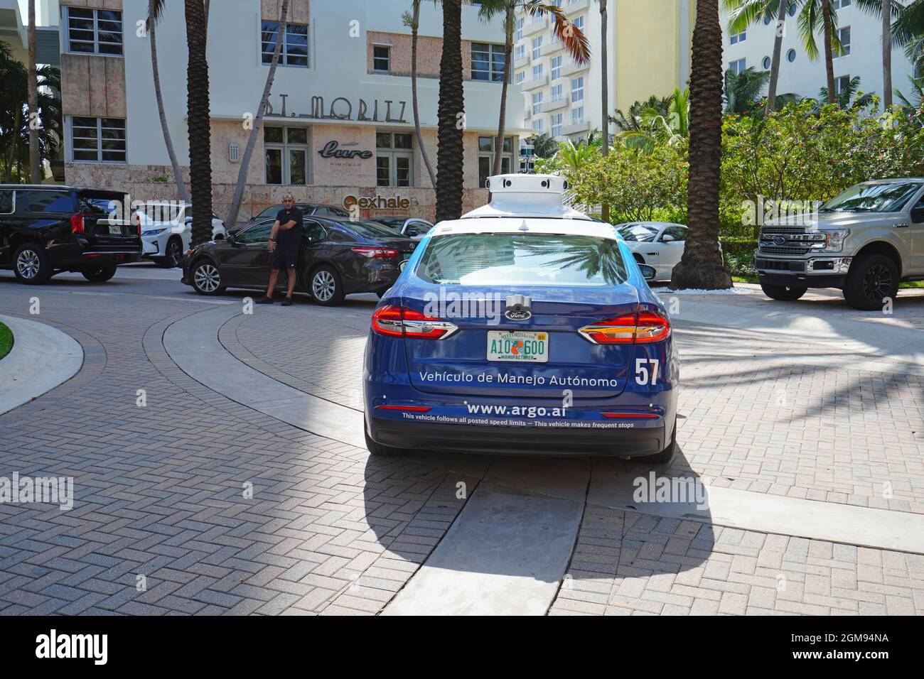 MIAMI BEACH, FL -23 APR 2021- View of an Argo self-driving test vehicle ...