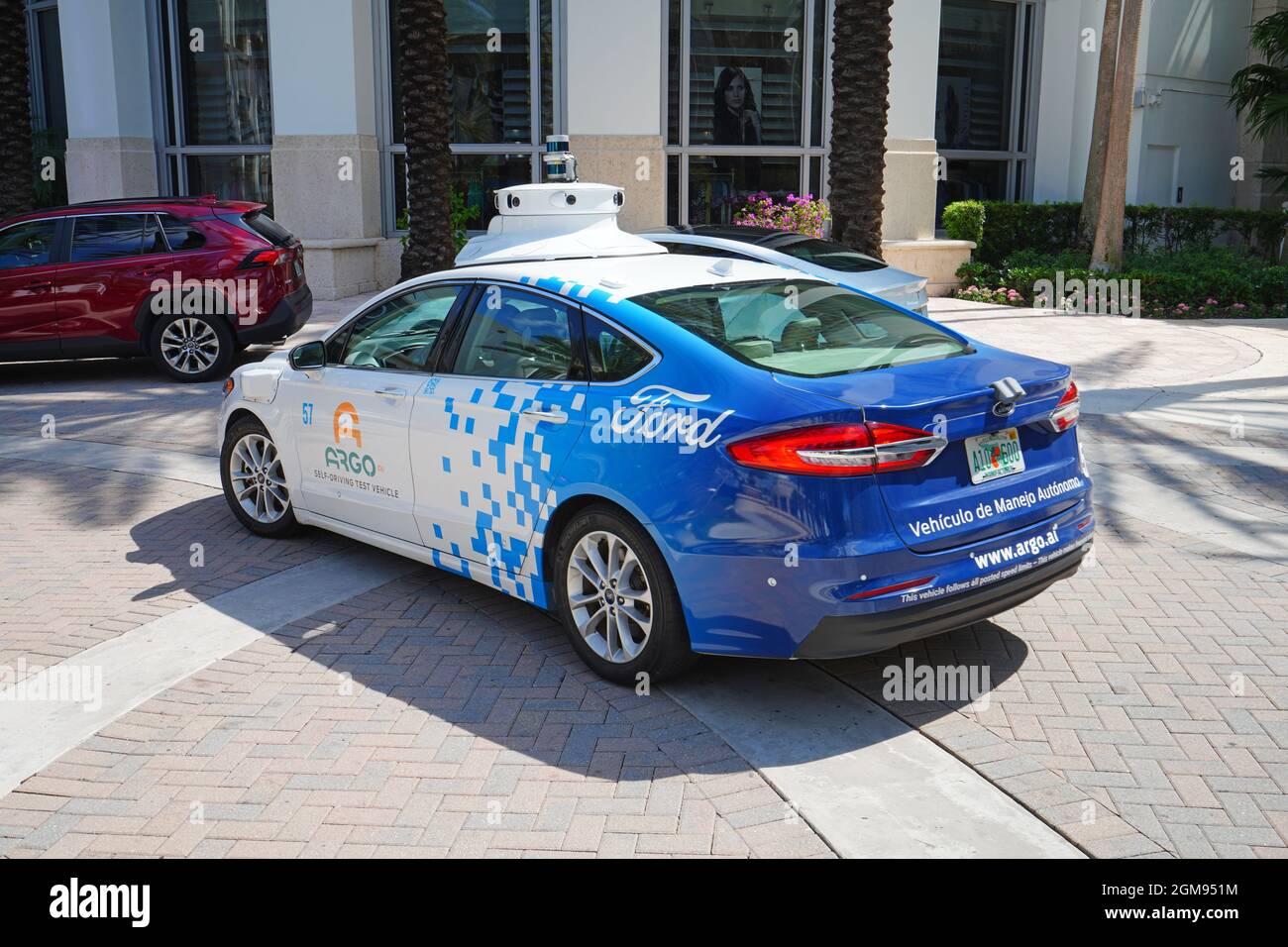 MIAMI BEACH, FL -23 APR 2021- View of an Argo self-driving test vehicle ...