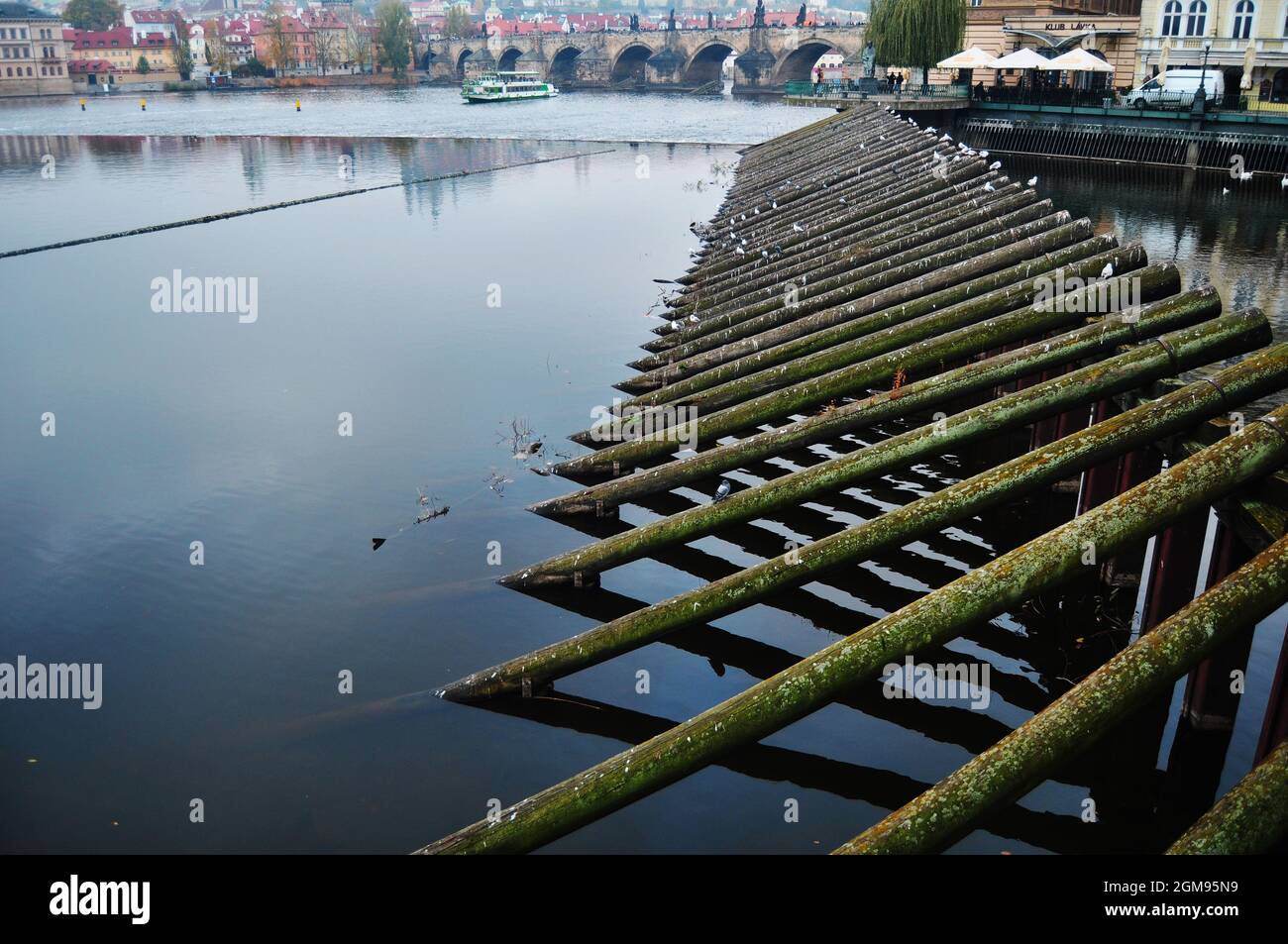 View landscape and trunk wooden barrage weir dam and wood barrier boat ...