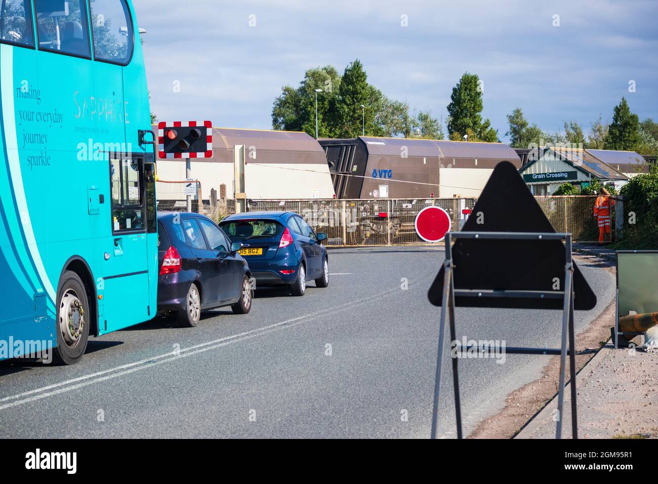 A Double Decker Bus and Cars Held at Level Crossing on Isle of Grain ...