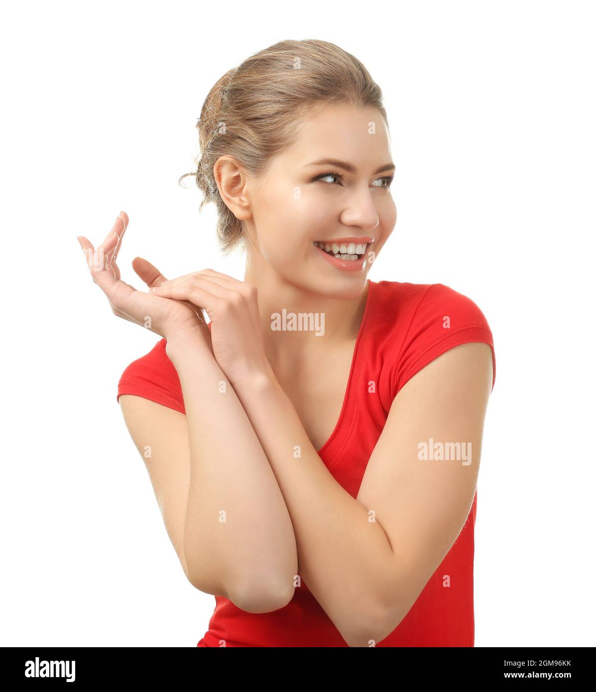 Portrait of beautiful smiling woman on white background Stock Photo - Alamy