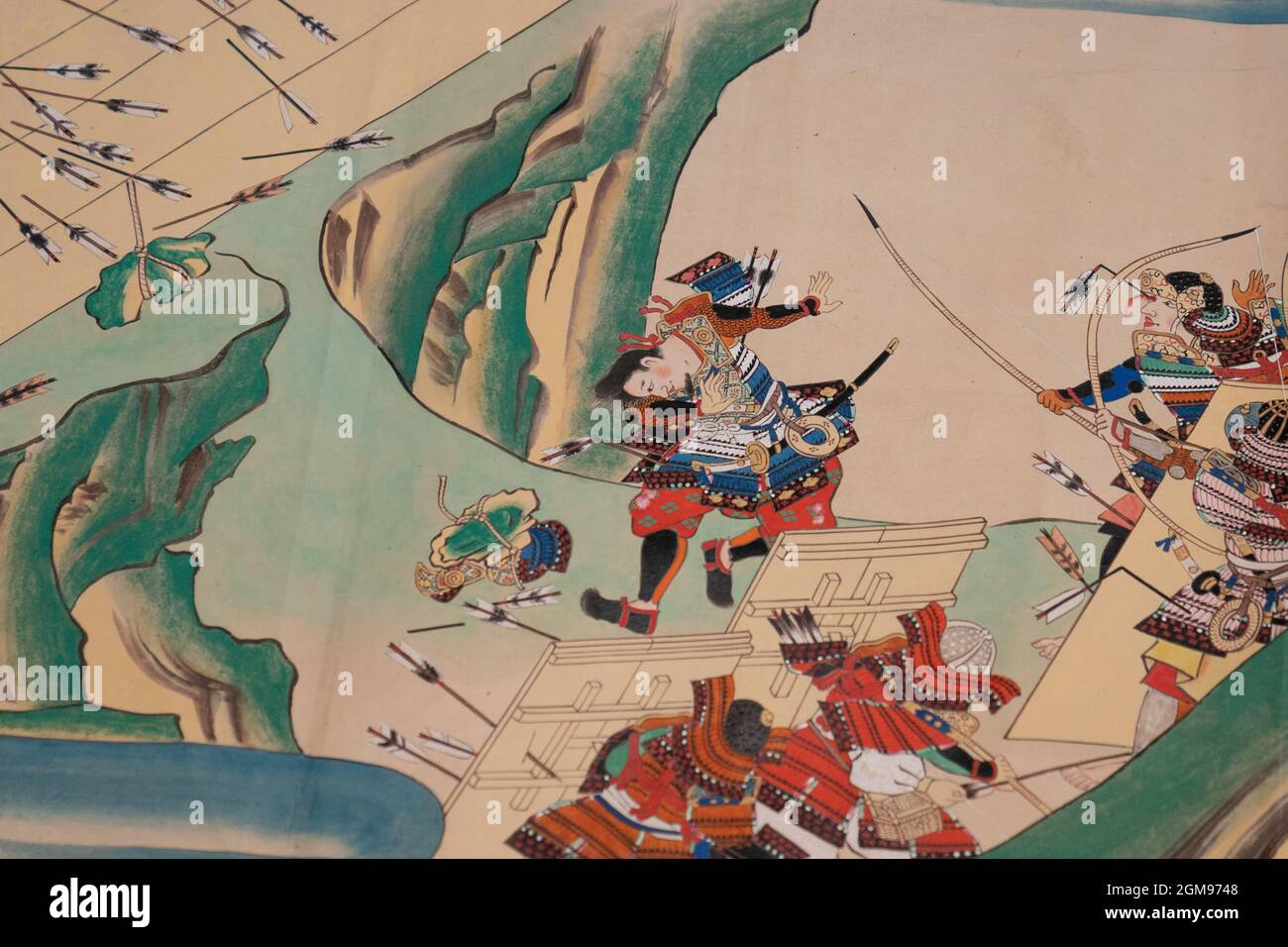 Detail on one of three ancient Japanese scrolls which tells the story ...