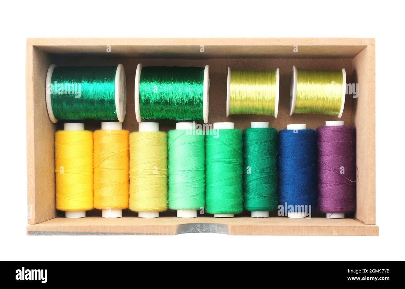 Box with colorful sewing threads on white background Stock Photo - Alamy