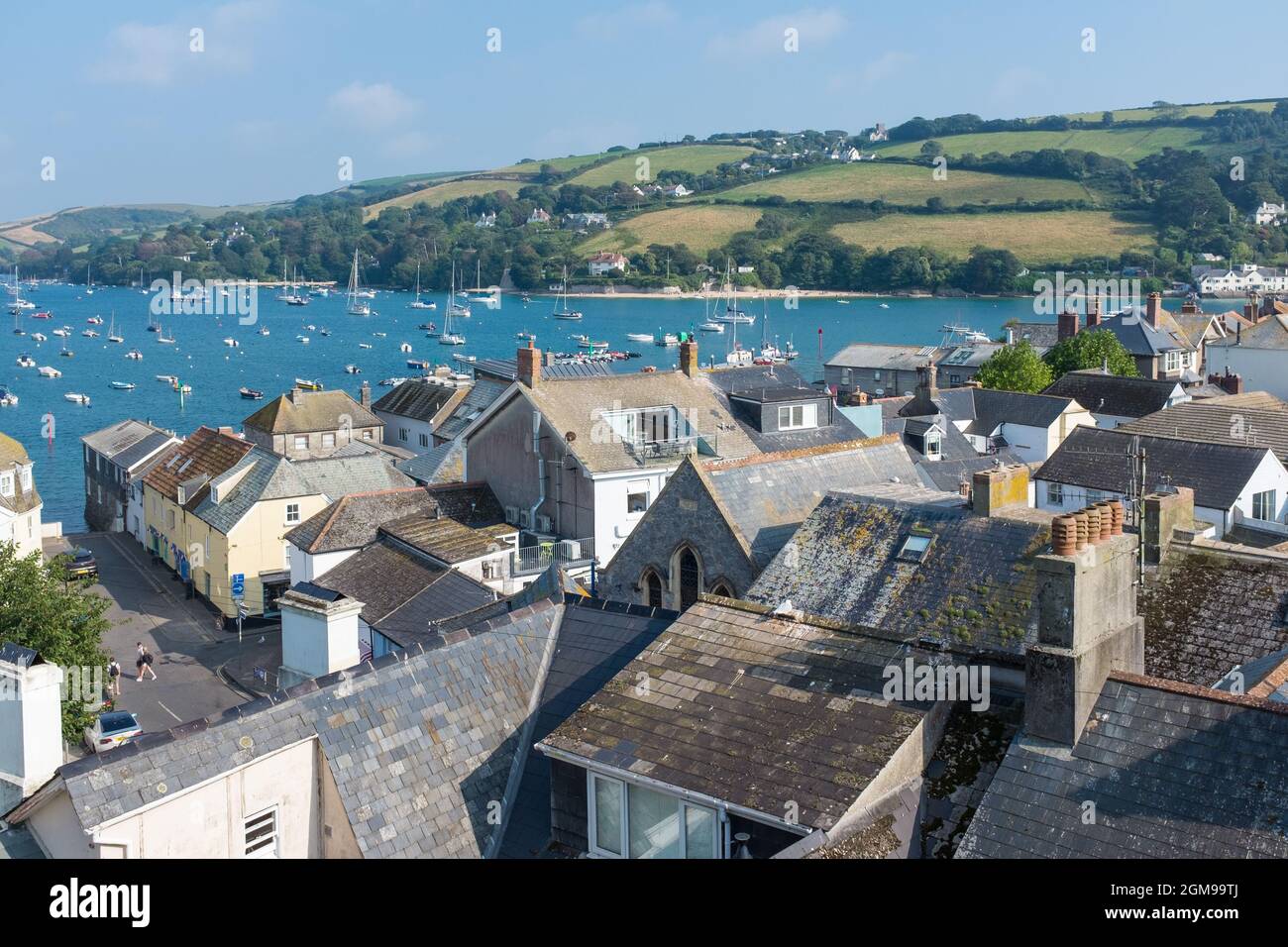 View of Salcombe and Kingsbridge Estuary over the rooftops of Salcombe ...