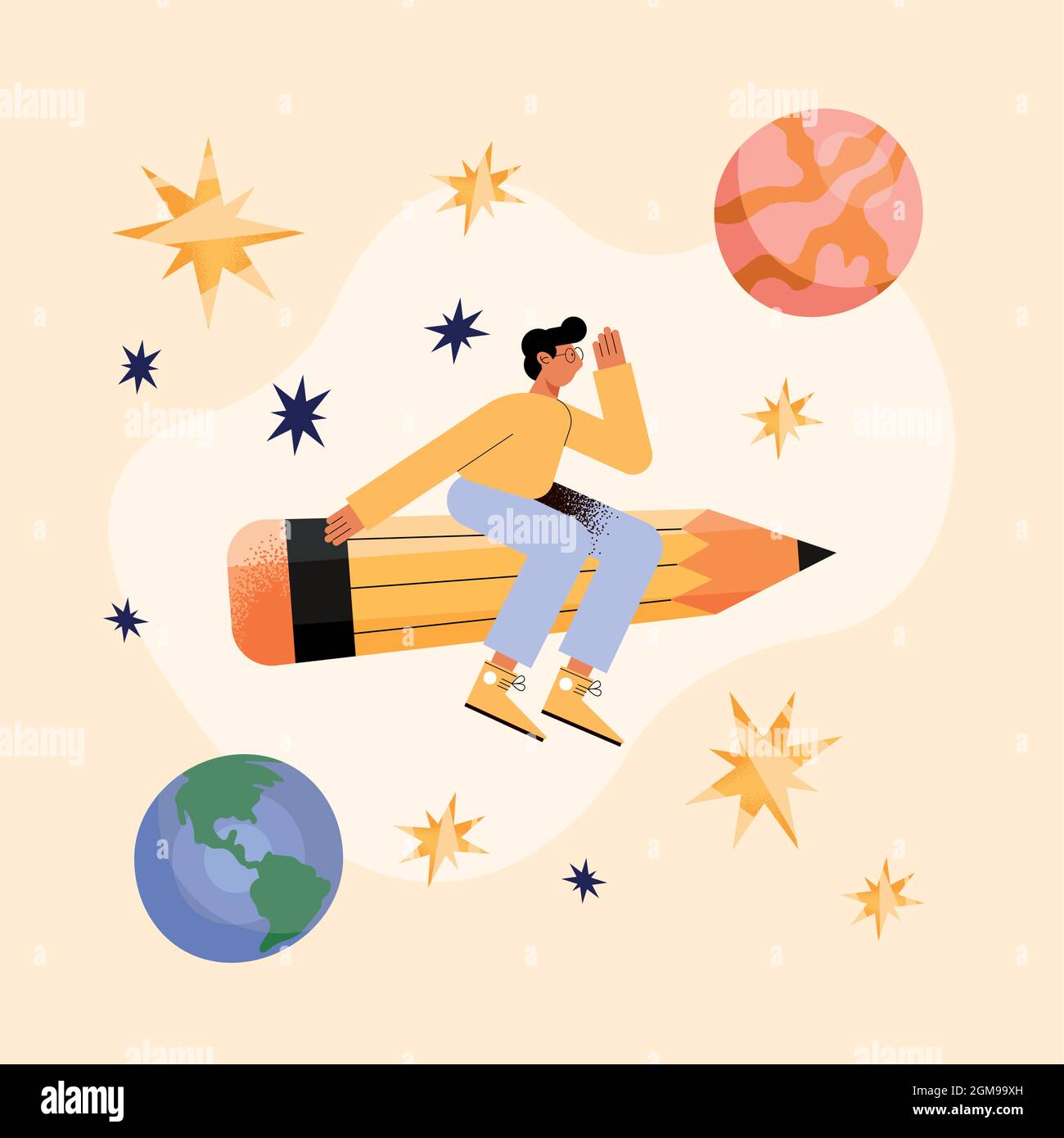 man cartoon on pencil exploring space Stock Vector Image & Art - Alamy
