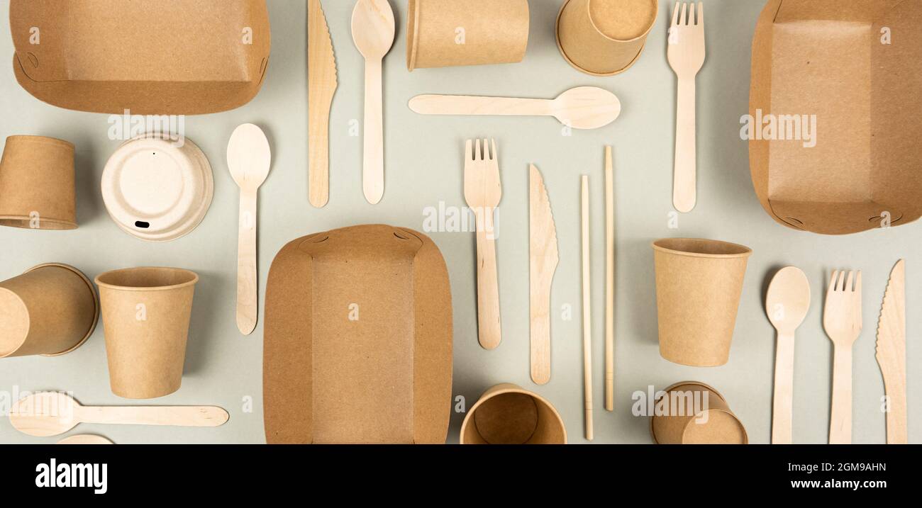 Banner of eco craft containers, bamboo cutlery and takeaway paper cups ...