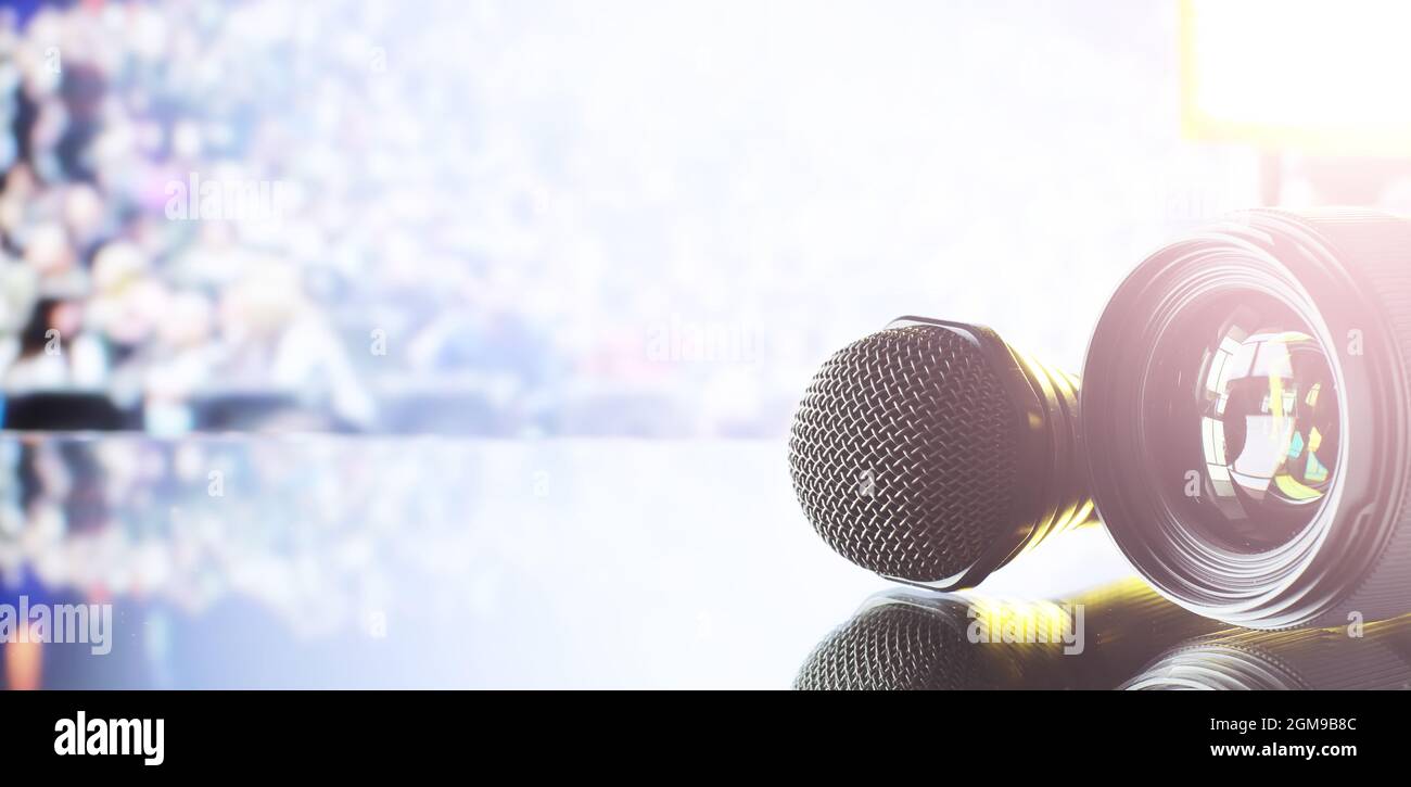 The microphone on the stage in front of the hall. Performance on stage ...