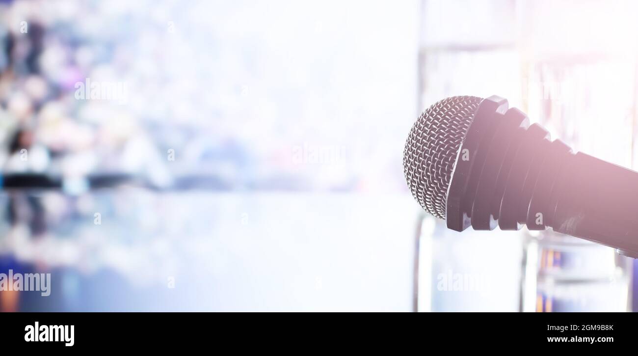 The microphone on the stage in front of the hall. Performance on stage ...