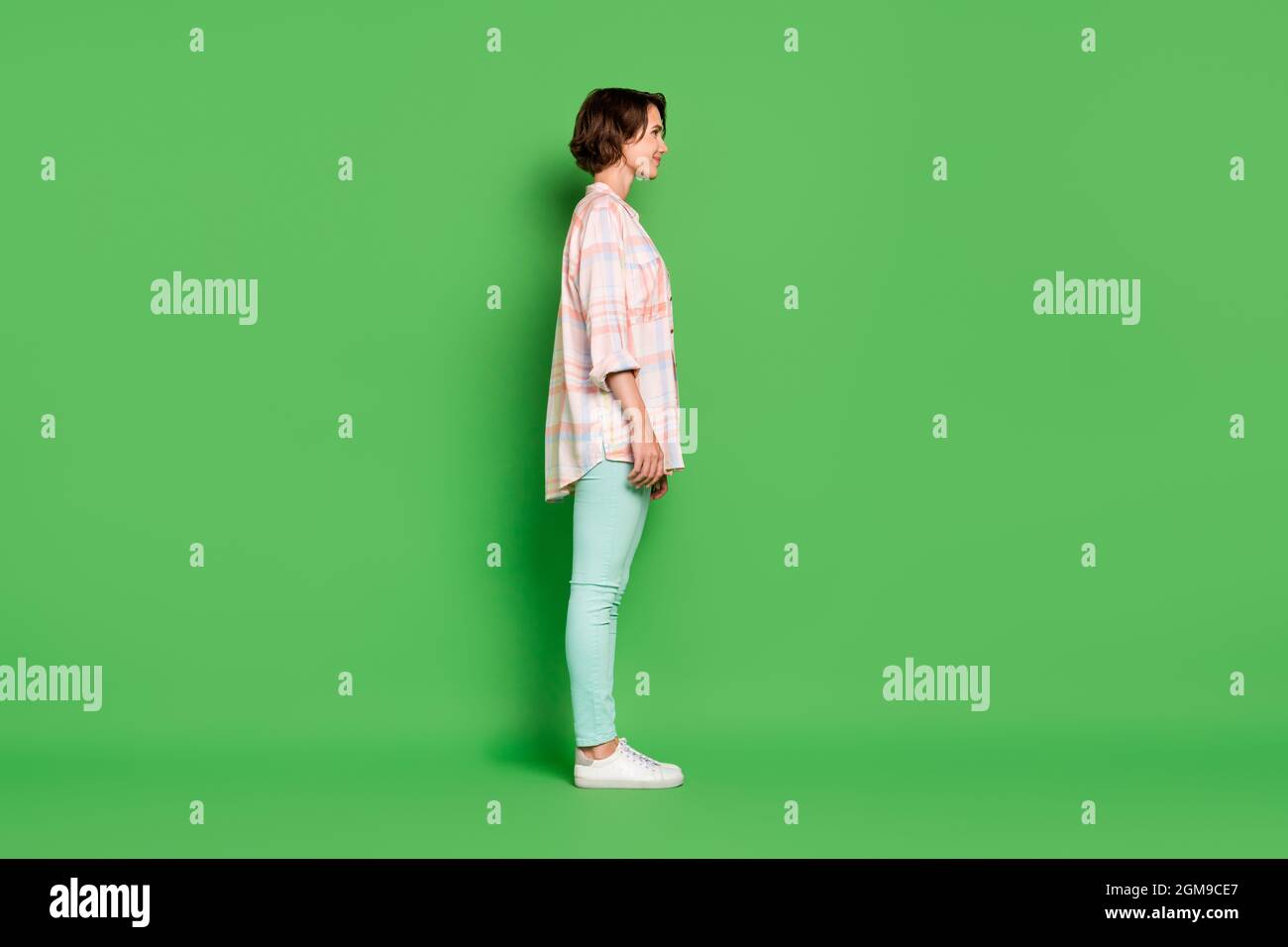 Full body profile side photo of cheerful positive charming young woman ...