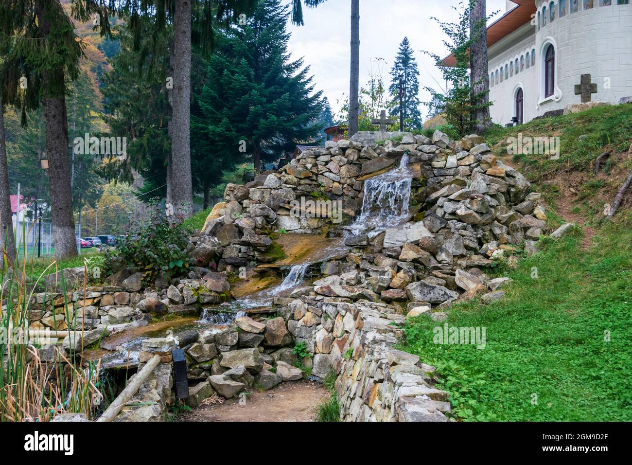 Waterfall in the central park of Slanic Moldova, Bacau, Romania Stock ...