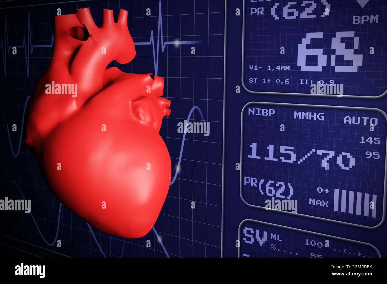 3d illustration of heart, on background of electrocardiogram. Medical ...