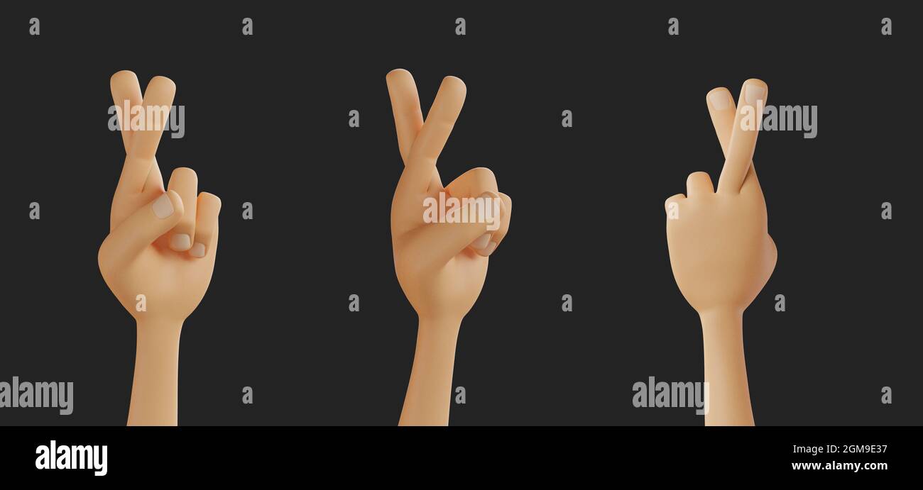 3D rendering of hands with crossed fingers gestures on a black ...
