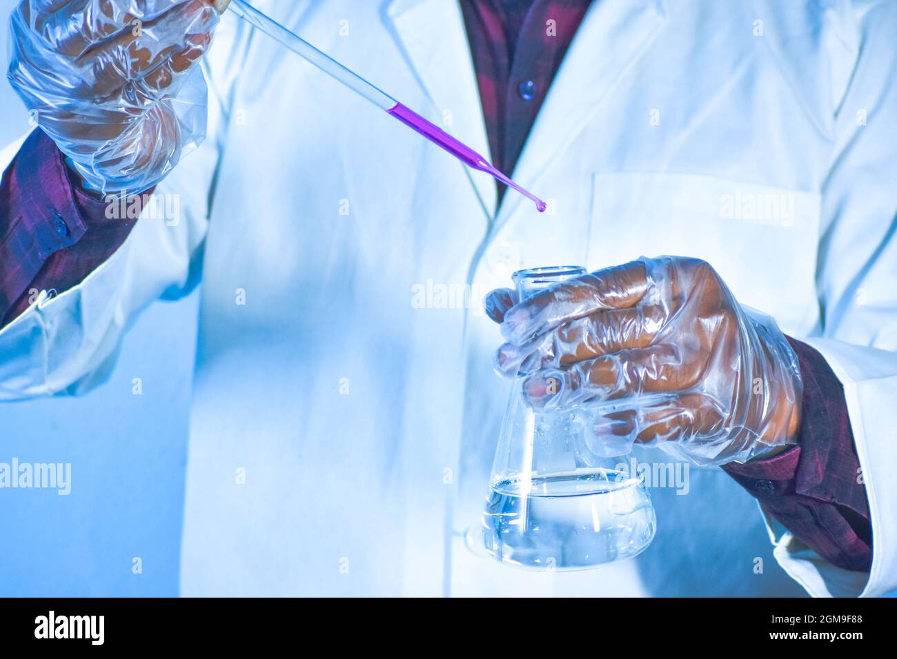 Scientist pouring color liquid into a conical flask with a dropper ...