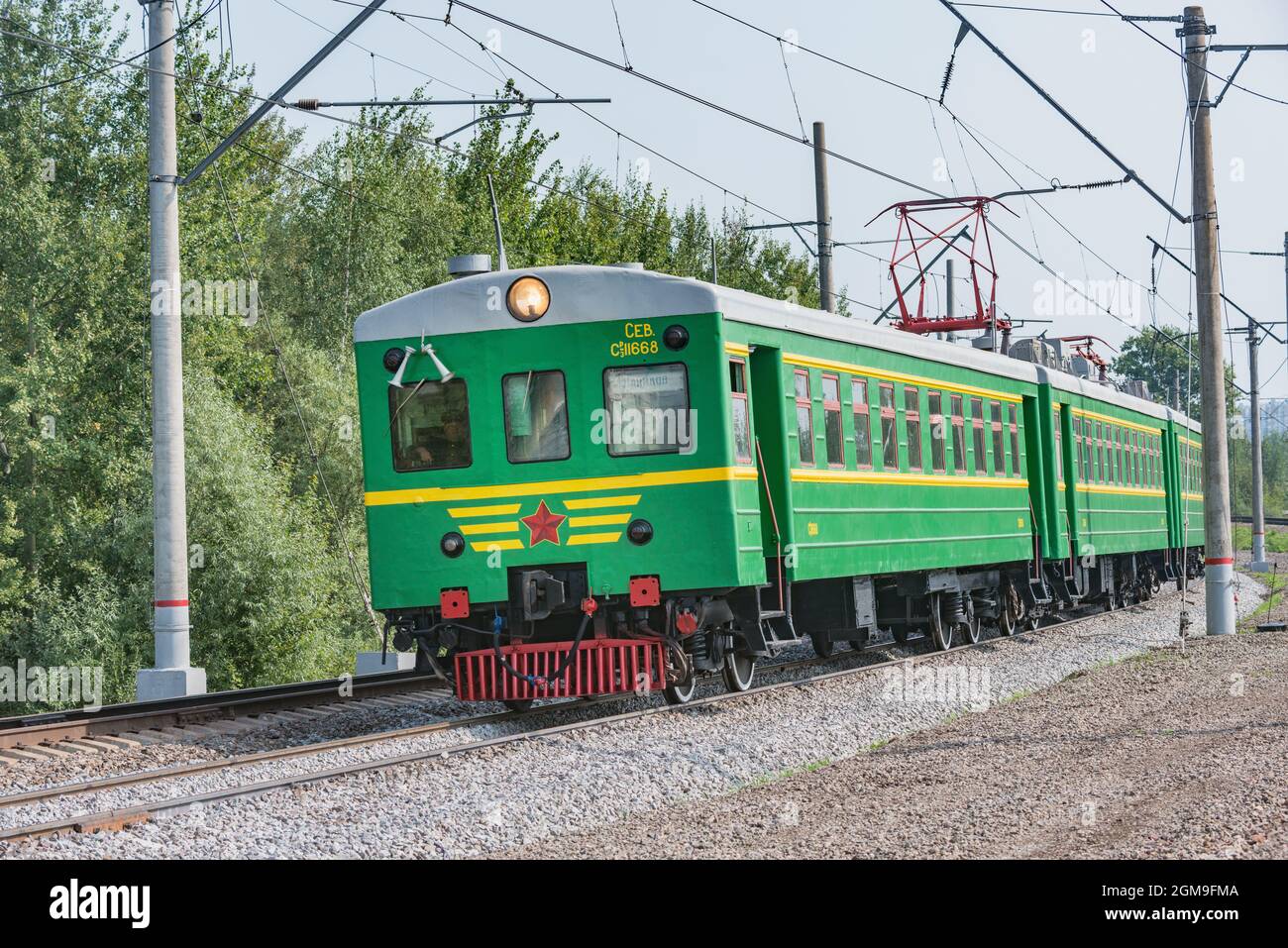 Moscow, Russia - August 27, 2021: Retro passenger train SR3 number 1668. Trains SR3 were made ...