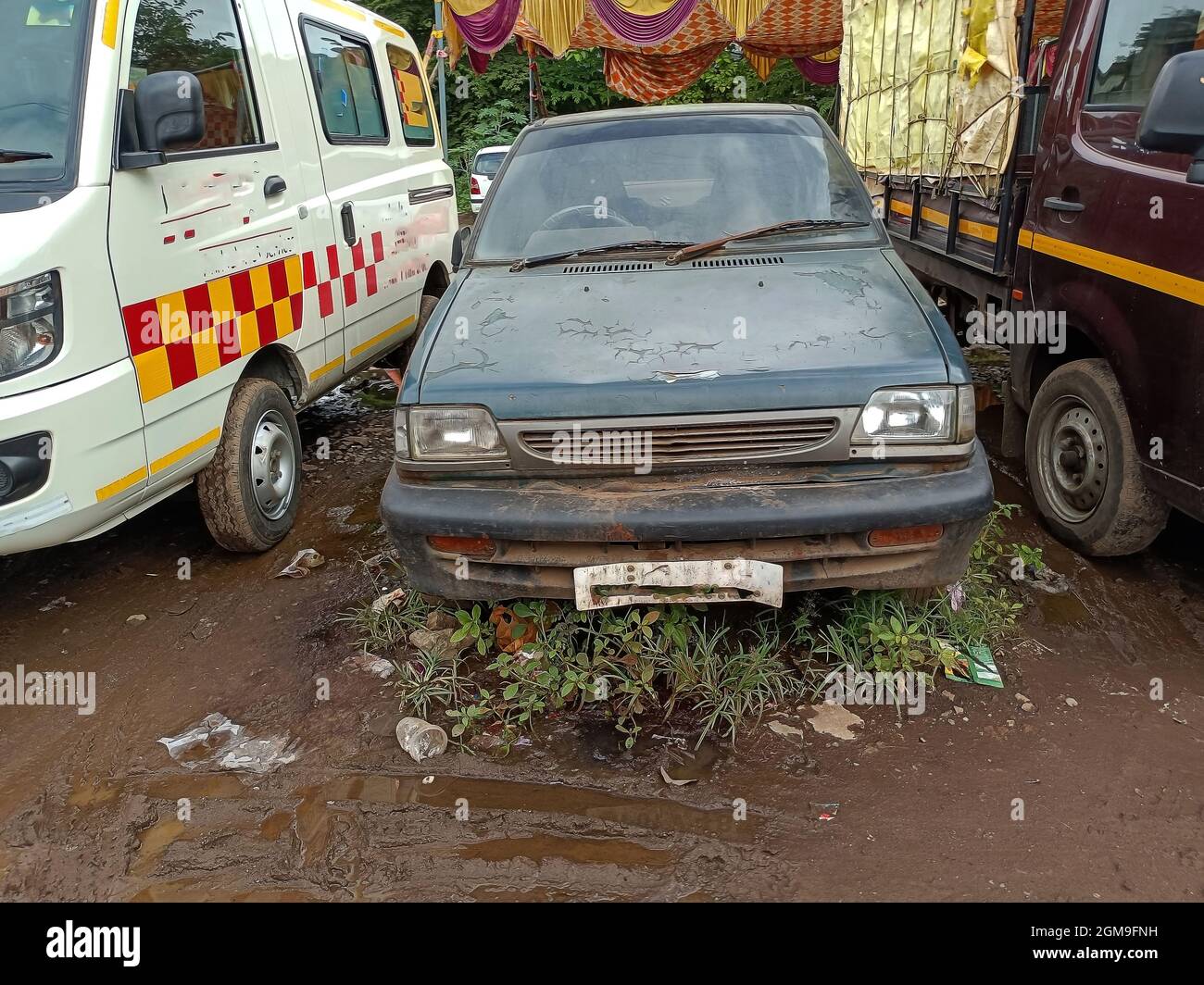 Abandoned broken and damaged car left in the scrapyard for recycling ...