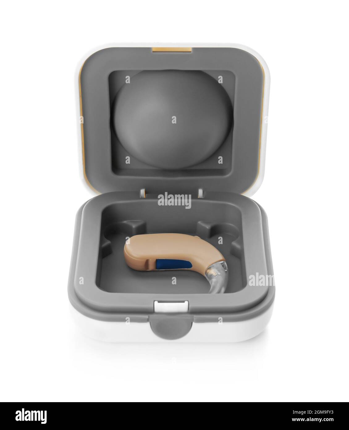 Hearing aid in box on white background Stock Photo - Alamy