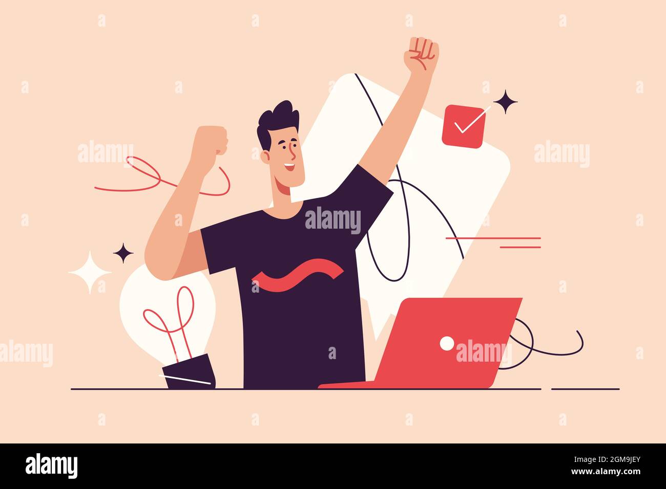 Vector illustration depicting a young man celebrating the success ...