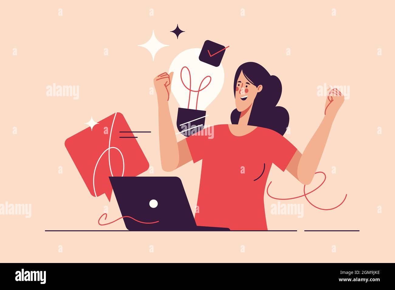 Vector illustration depicting a young woman celebrating the success ...