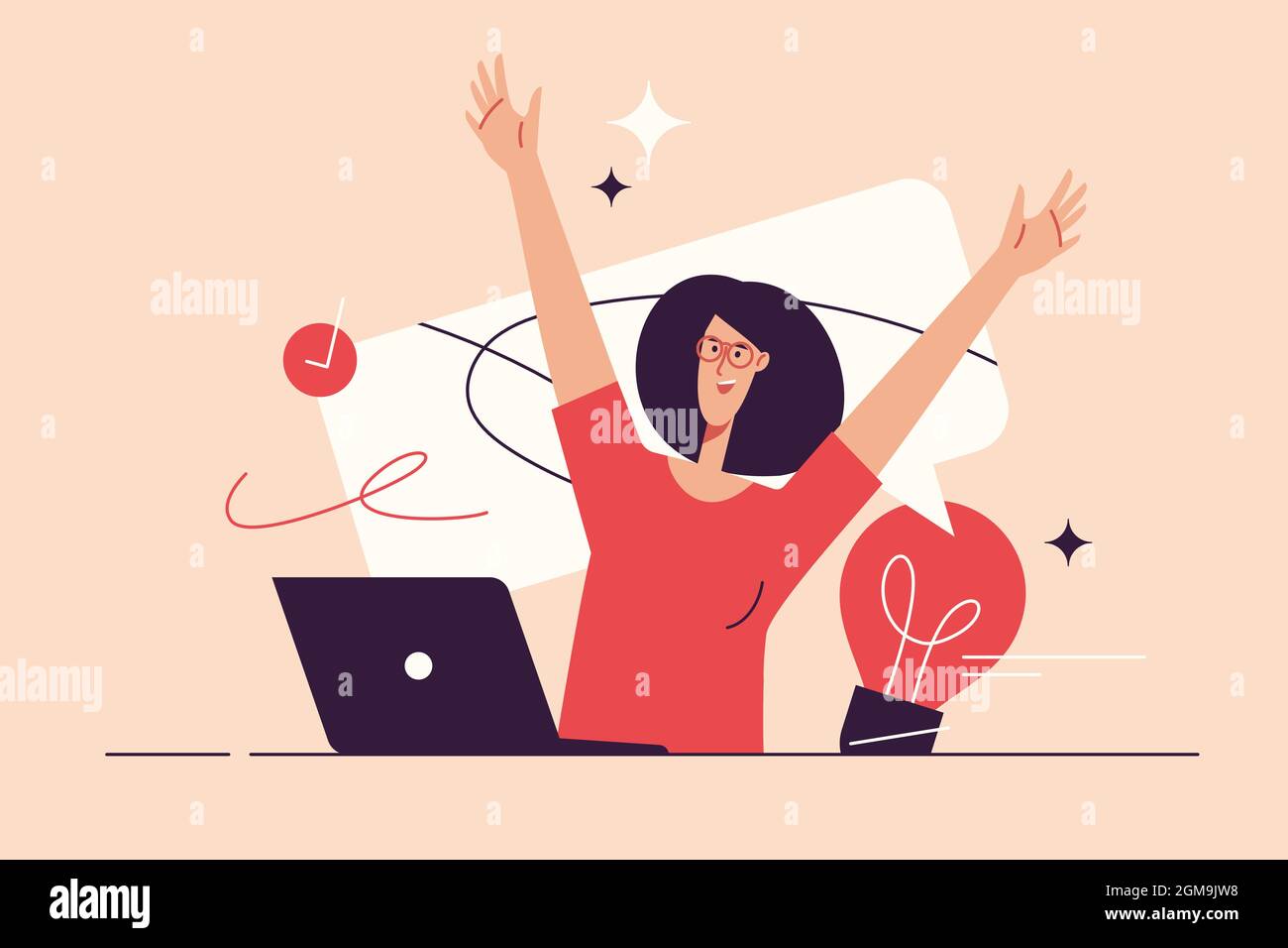 Vector illustration depicting a young woman celebrating the success ...