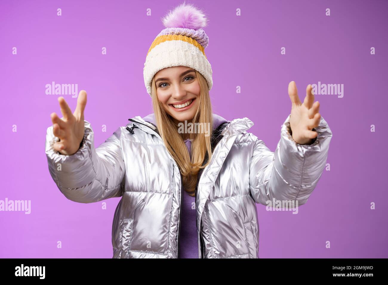 Friendly romantic joyful charming blond european woman asking boyfriend ...