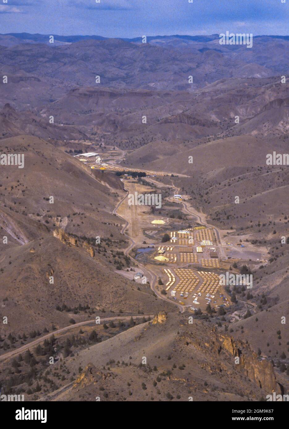 RAJNEESHPURAM, OREGON, USA - 1982: Aerial view of Rajneesh settlement ...