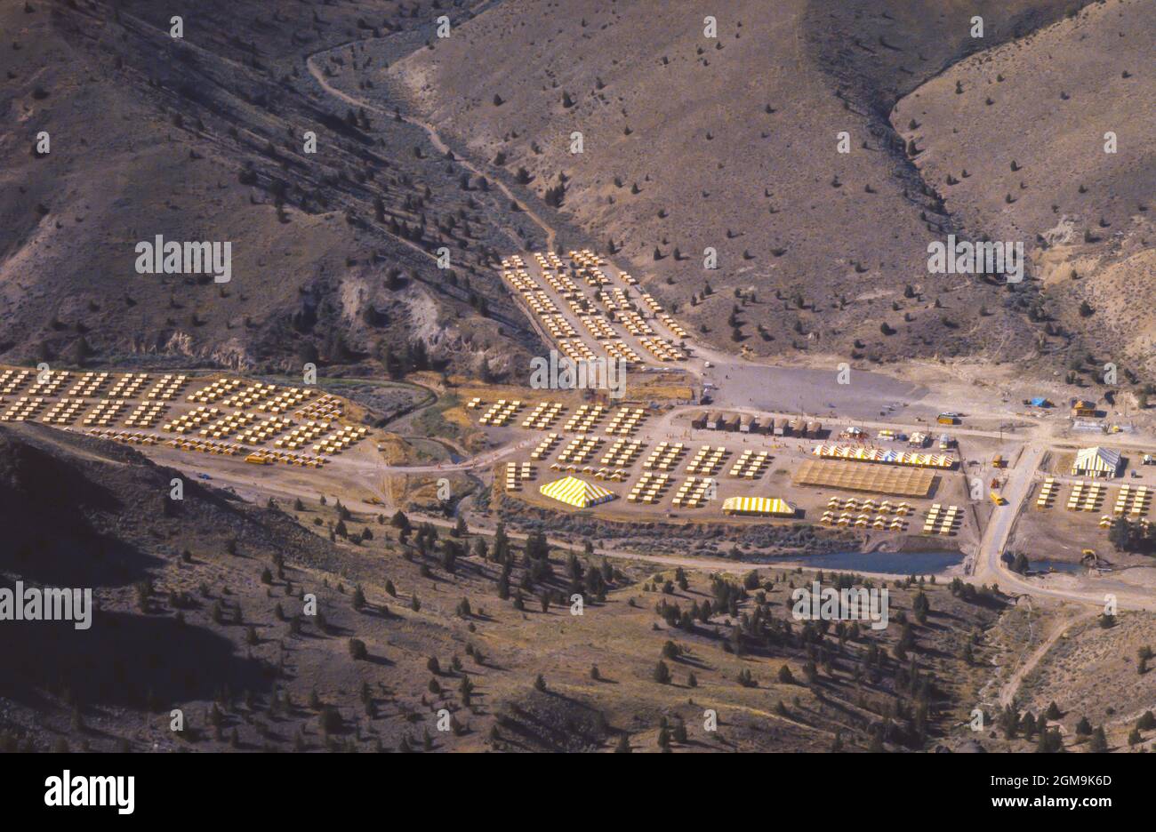 RAJNEESHPURAM, OREGON, USA - 1982: Aerial view of Rajneesh settlement ...