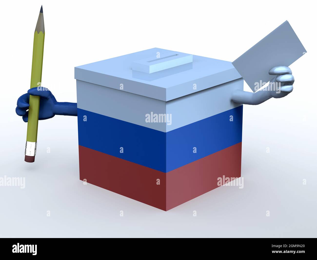 Russia election ballot box whit arms, legs and envelope paper on hands ...