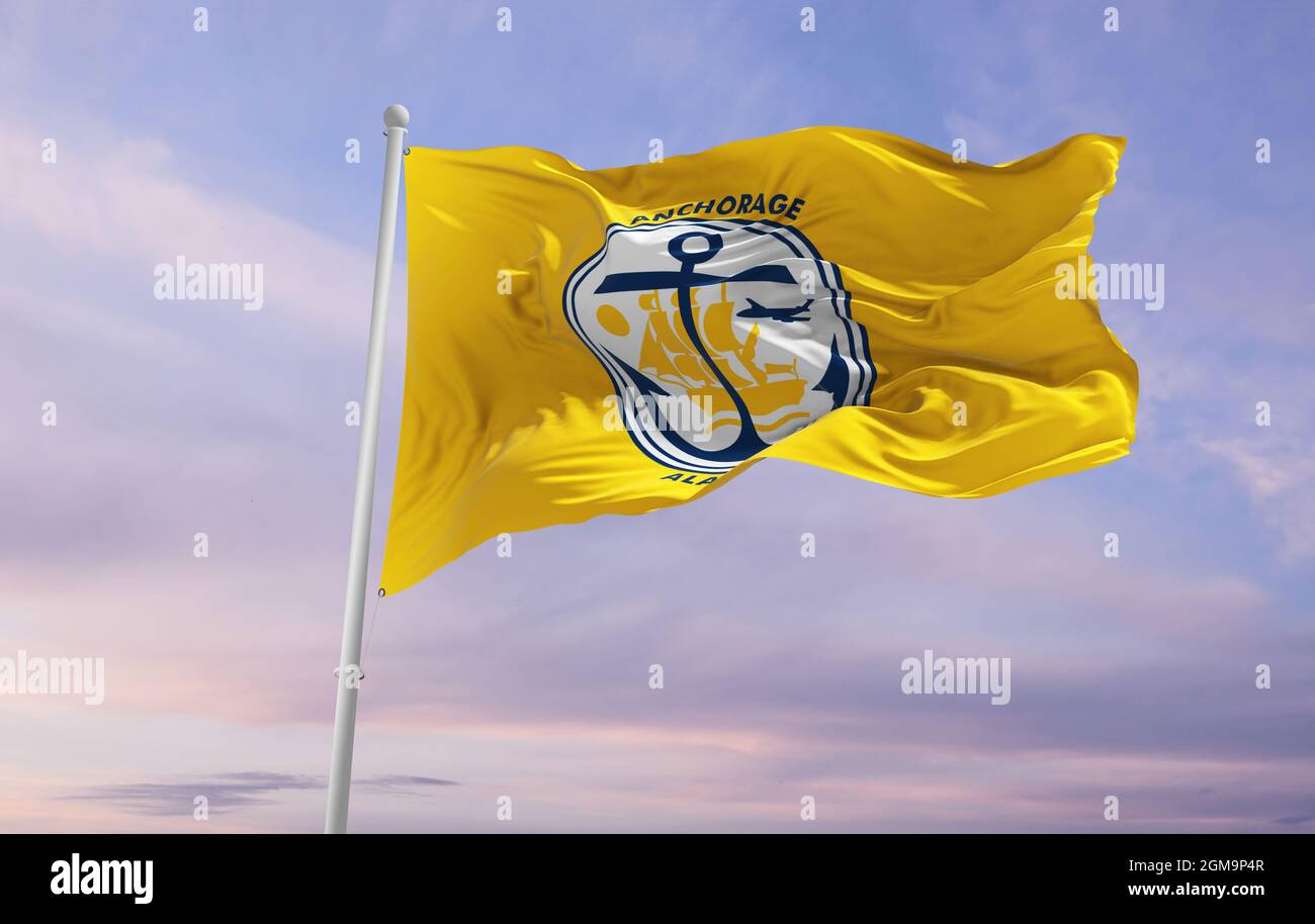 flag of county Anchorage, Alaska , USA at cloudy sky background on ...