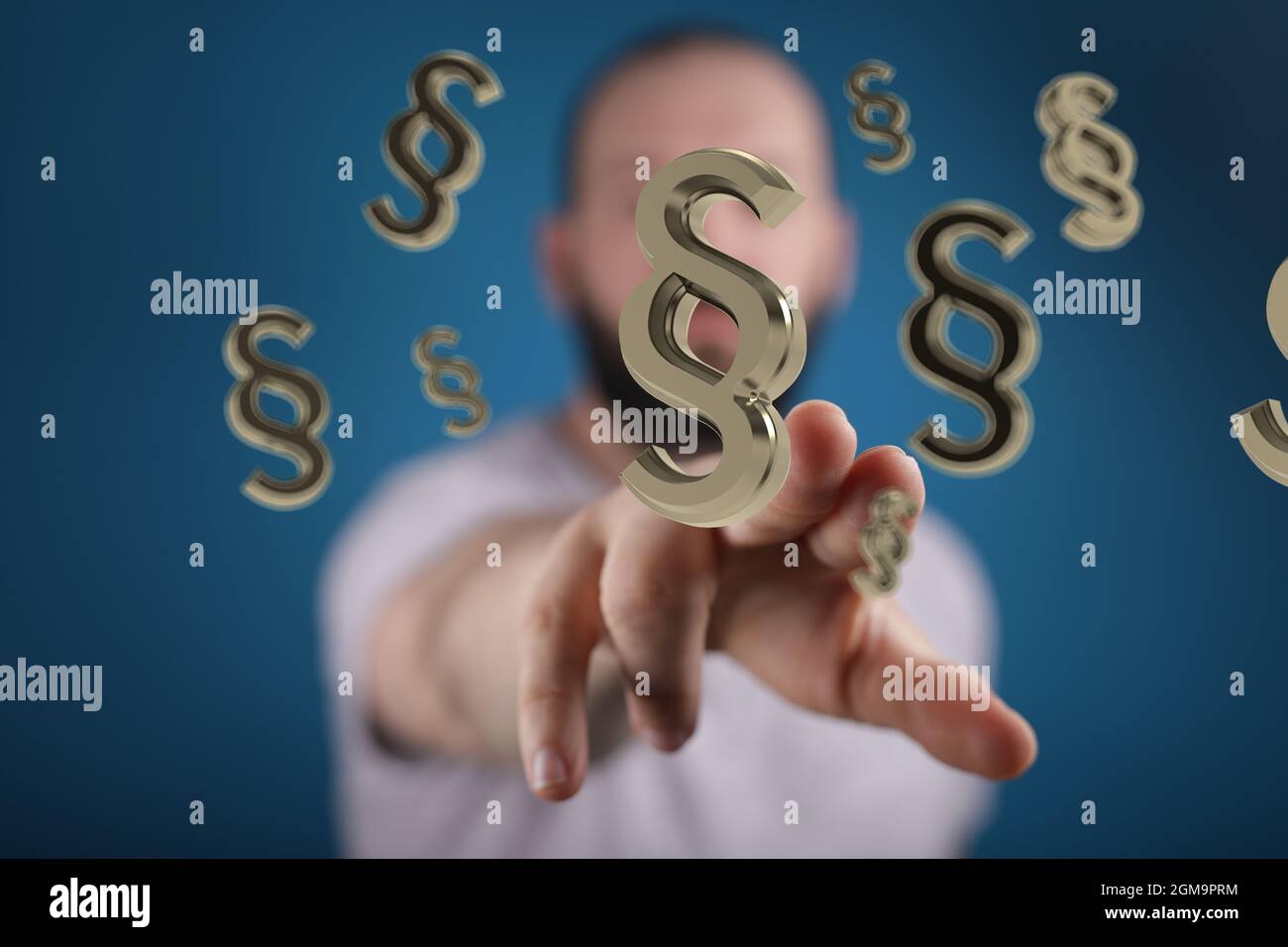 Man tapping on a 3D rendering of section sign symbols - legal ...