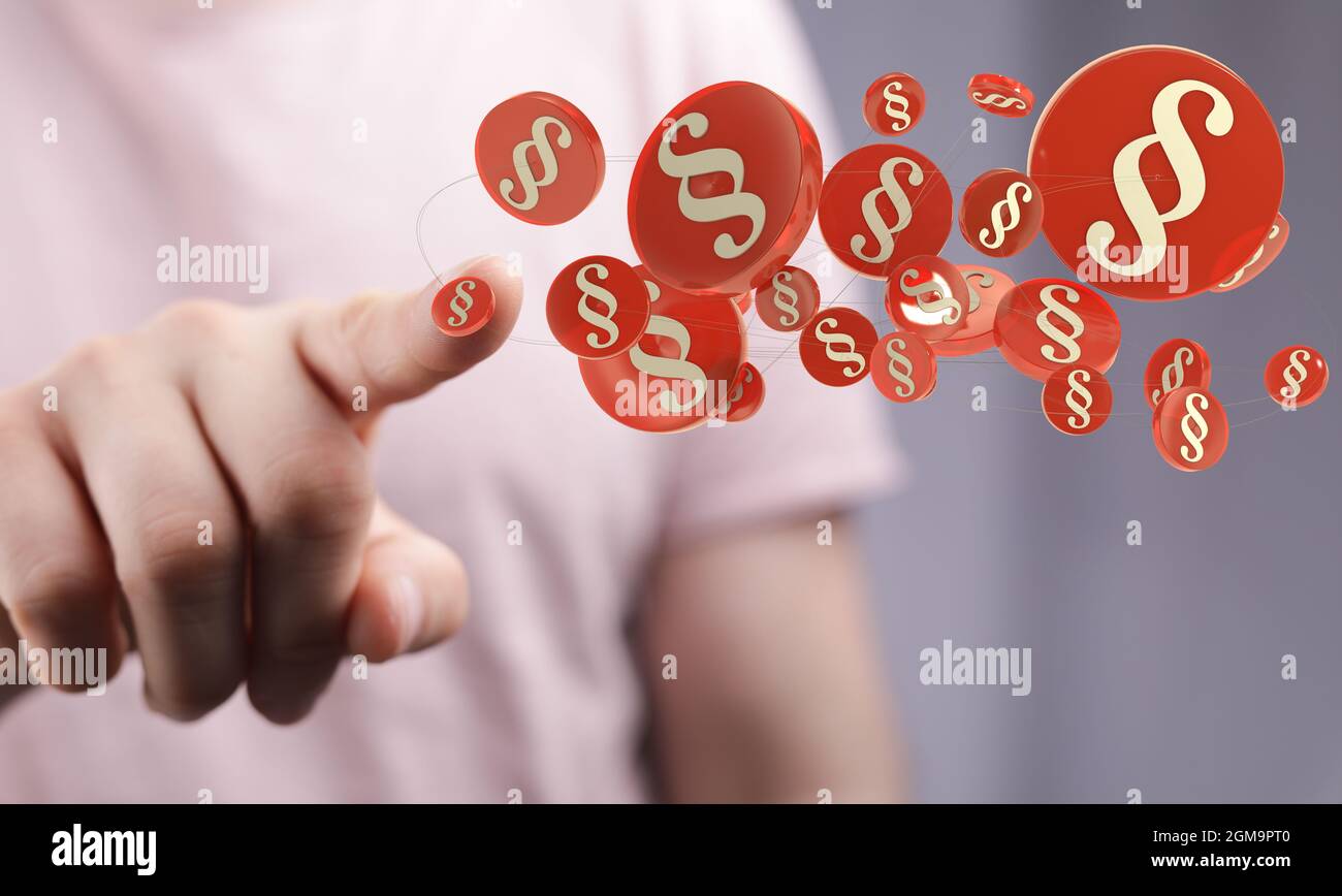 Man tapping on a 3D rendering of section sign symbols - legal ...