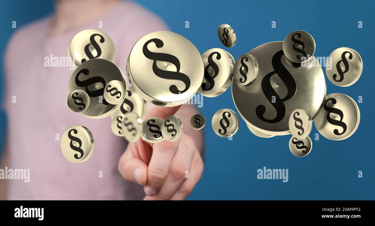Man tapping on a 3D rendering of section sign symbols - legal ...